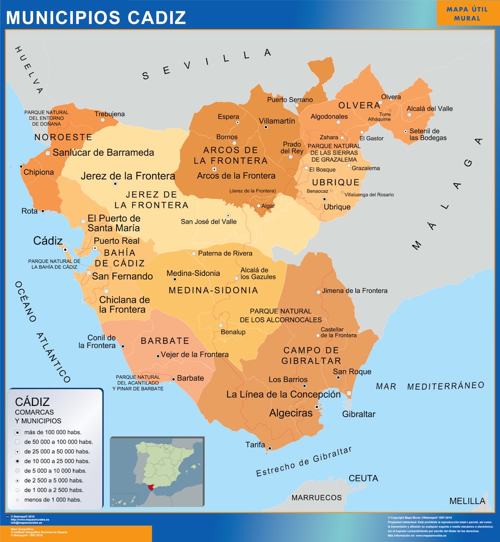 Municipalities Cadiz map from Spain | Wall maps