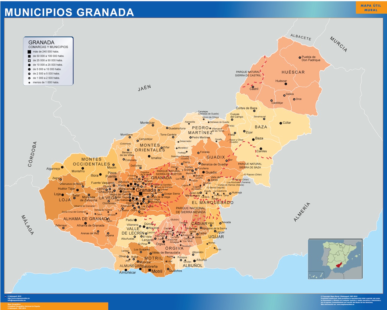 Municipalities Granada map from Spain | Wall maps